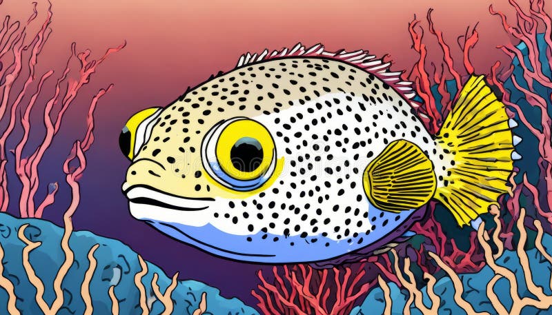 A Cartoon Drawing of a Fish with Yellow Eyes Stock Illustration ...