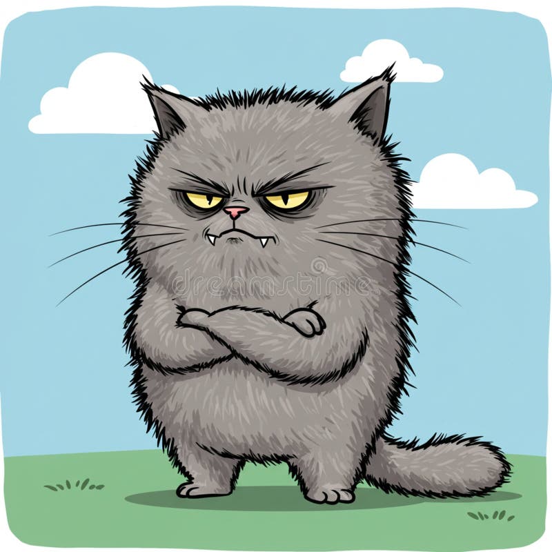 Cartoon Drawing of a Grumpy-looking, Fluffy Gray Cat Standing on Grass ...