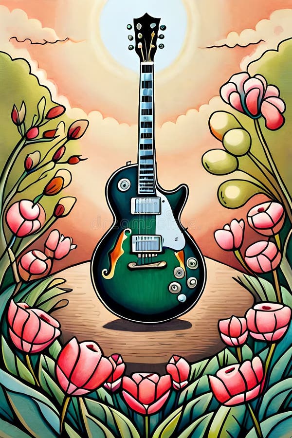 Cartoon Drawing of a Guitar with Flowers. Stock Illustration ...