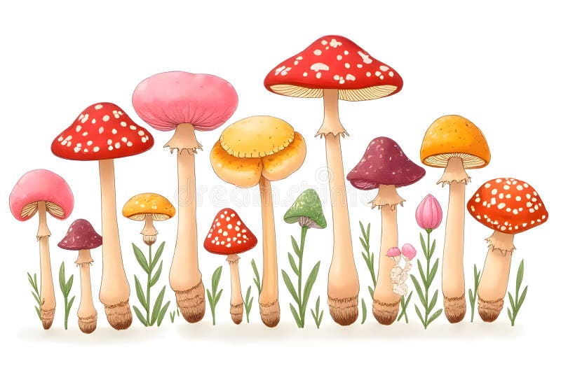 Cartoon Drawing Many Types of Mushrooms Stock Illustration ...
