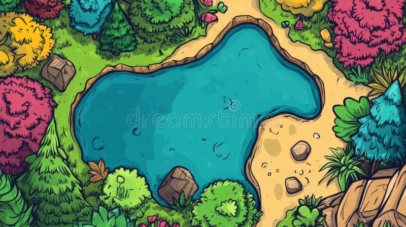 A Cartoon Drawing of a Pond with Trees and Rocks Surrounding it Stock ...