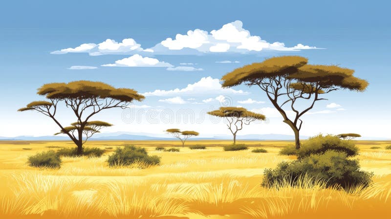 A Cartoon Drawing Portrays the Scenery of the African Savanna Stock ...