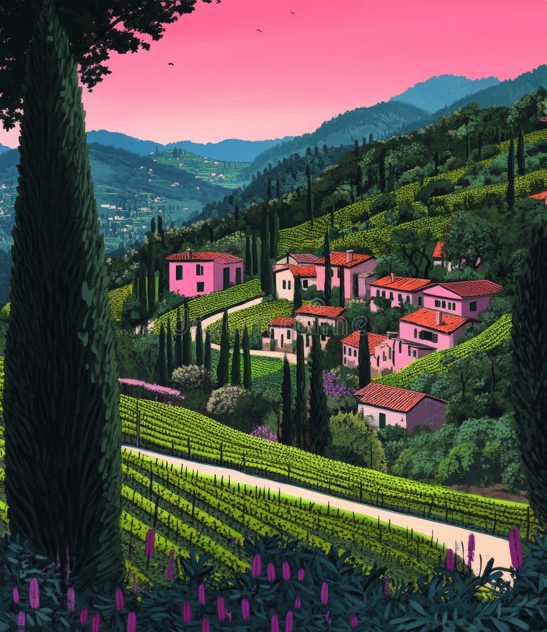 A Cartoon Drawing of a Quaint Town Featuring Homes and a Curving Road ...