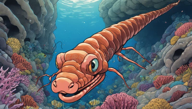 A Cartoon Drawing of a Red Sea Creature with a Long Tail Stock ...