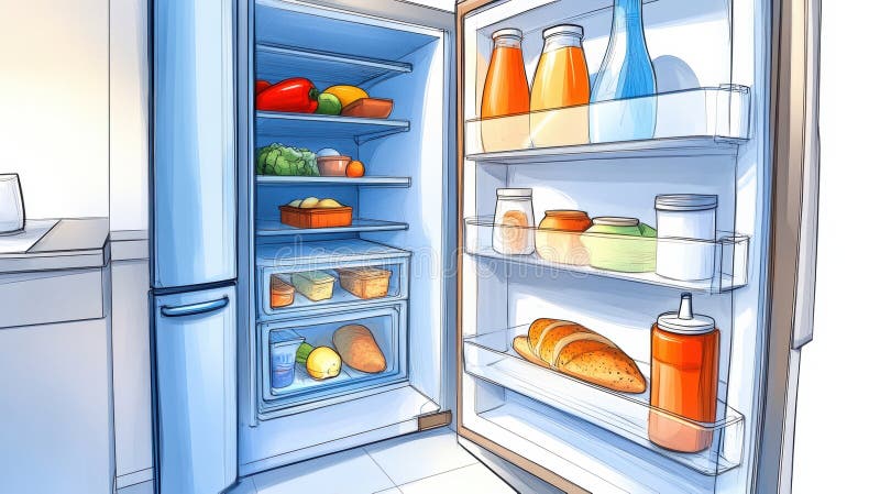 A Cartoon Drawing of a Refrigerator with Food Inside it, AI Stock Image ...