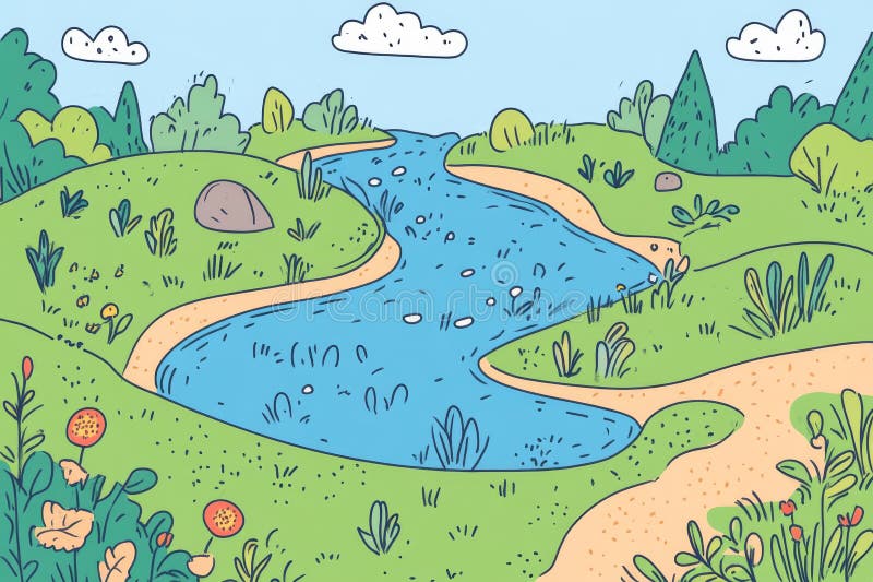 A Cartoon Drawing of a River with a Path Running Alongside it Stock ...