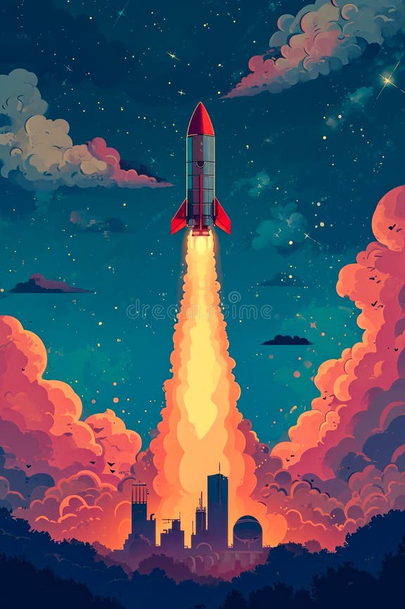 Cartoon Drawing of Rocket Blasting Off into Space. Generative AI Stock ...