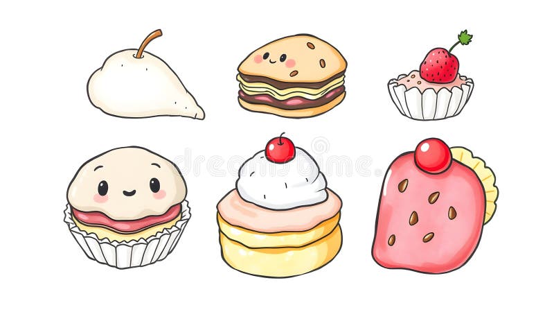 A Cartoon Drawing of Six Different Types of Pastries, Including a ...