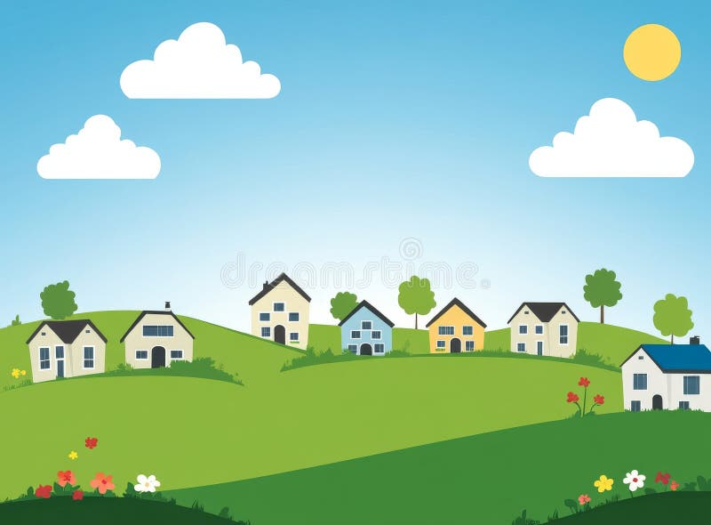 A Cartoon Drawing of a Small Town Featuring Houses and Trees Stock ...