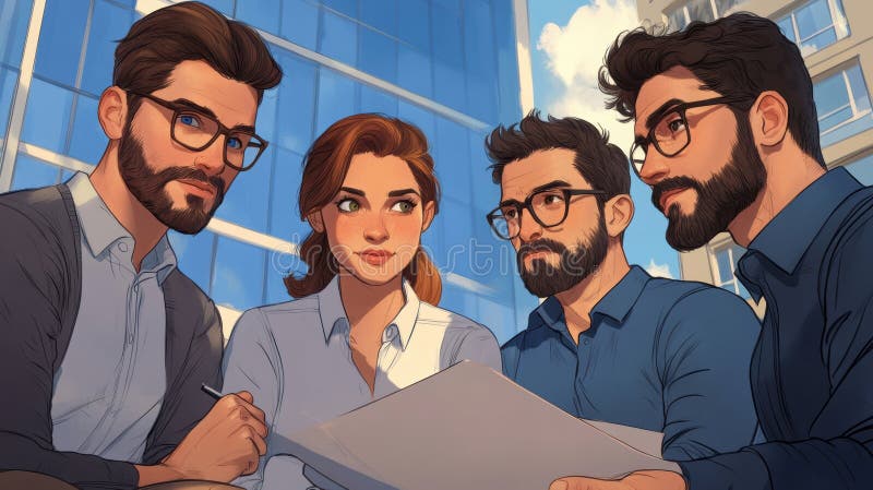 A Cartoon Drawing of Three Men and a Woman Looking at Something, AI ...