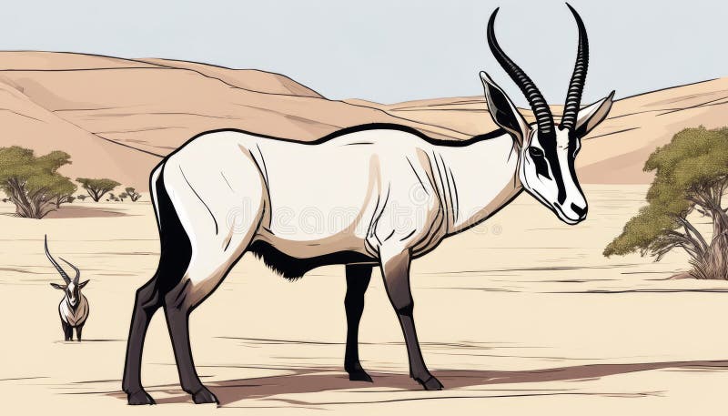 A Cartoon Drawing of a White and Black Antelope Standing in a Desert ...