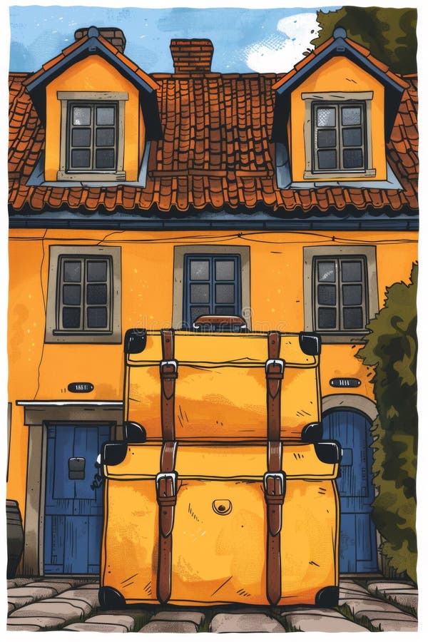 A Cartoon Drawing of a Yellow House with Two Suitcases, AI Stock Photo ...
