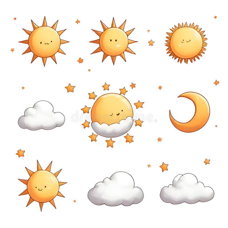Cartoon Drawings of the Sun Moon Stars and Clouds Stock Illustration ...