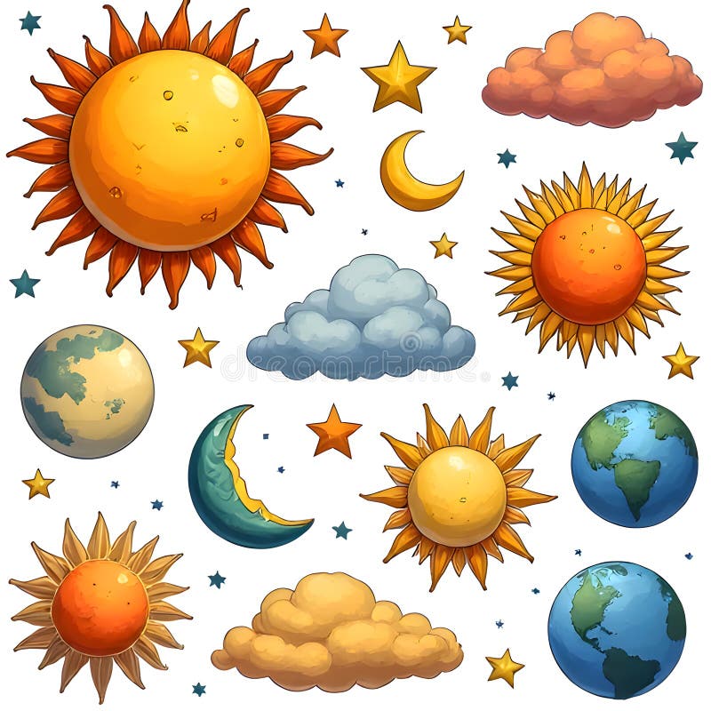 Cartoon Drawings of the Sun Moon Stars and Clouds Stock Illustration ...