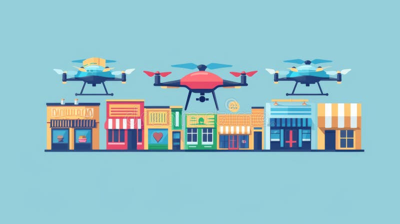 Cartoon Drones Flying Above Row of Storefronts Stock Illustration ...