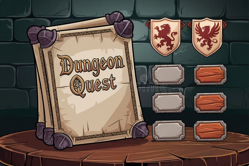 Cartoon Dungeon Quest Scroll Displays Medieval Heraldry Emblems and ...