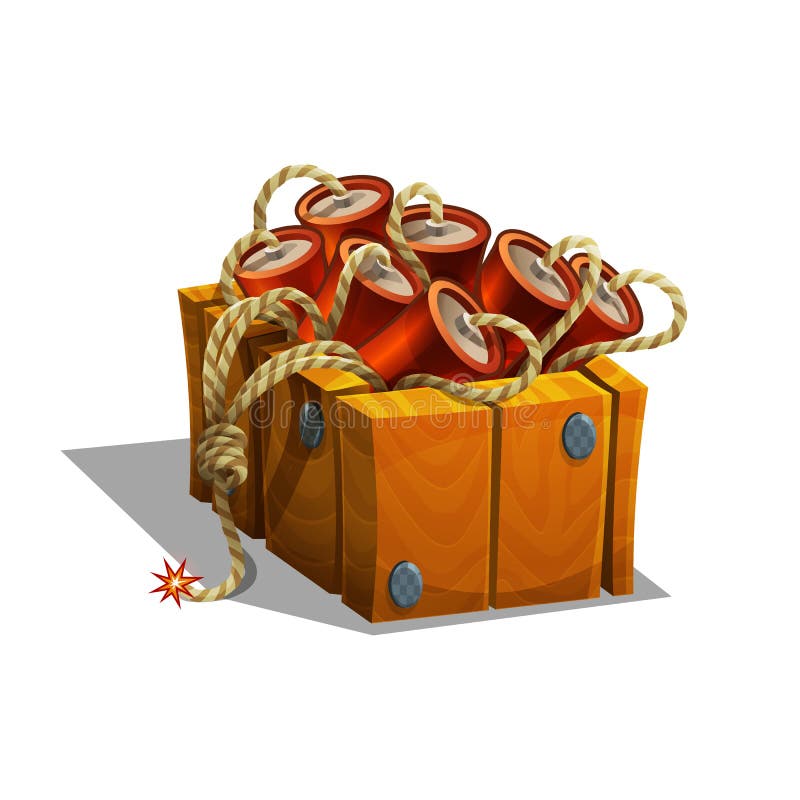 Cartoon Dynamite in Wooden Box with Burning Wick for Games. Stock ...