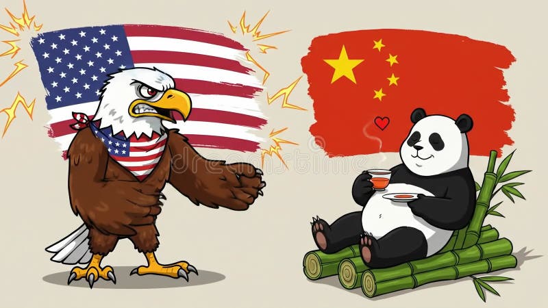Cartoon Eagle Giving Thumbs Up and Panda Drinking Tea Illustration ...