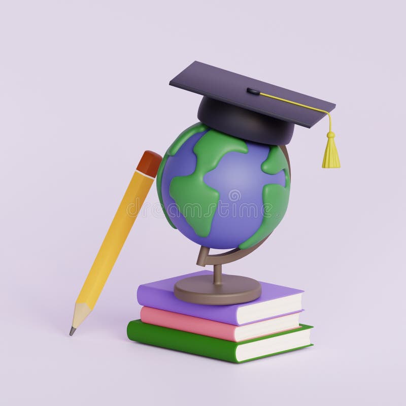 Cartoon Earth Globe with Graduation Hat on Stack of Books, Pencil ...