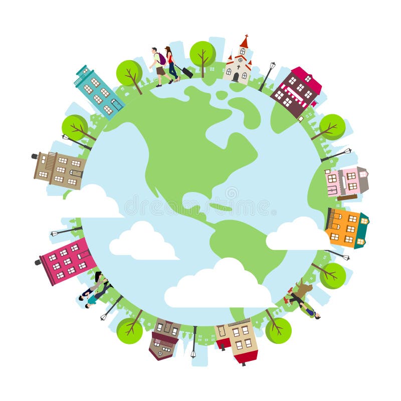 Cartoon Earth Planet and Buildings Vector Illustration Stock Vector ...