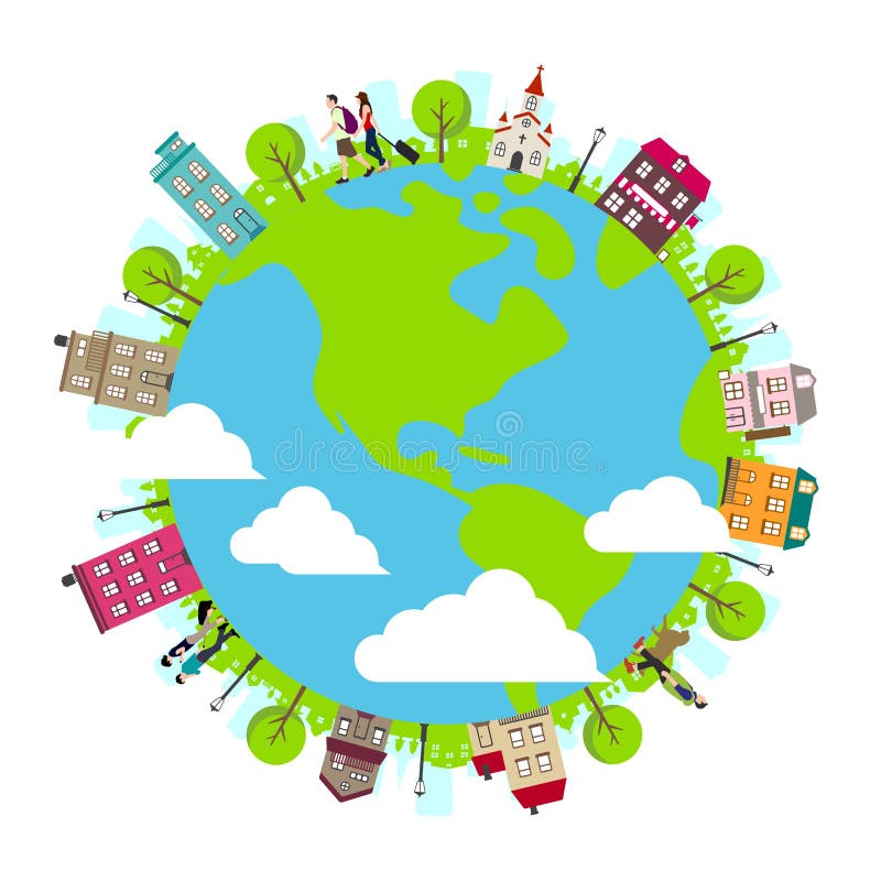 Cartoon Earth Planet and Buildings Vector Illustration Stock Vector ...