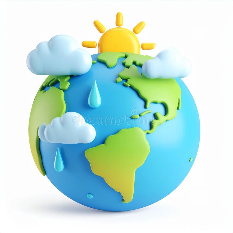 Cartoon Earth with Sun, Clouds, and Rain Stock Illustration ...