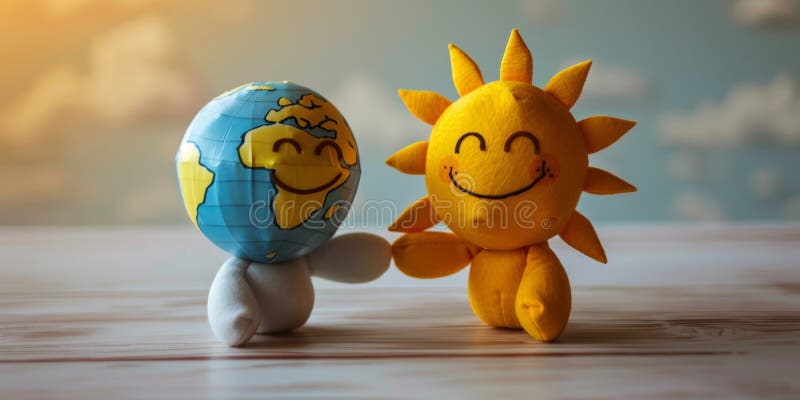 A Cartoon Earth and Sun Holding Hands, Both Smiling Happily Stock Image ...