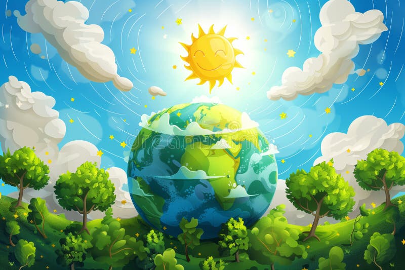 Cartoon Earth with Trees and the Sun. Stock Illustration - Illustration ...