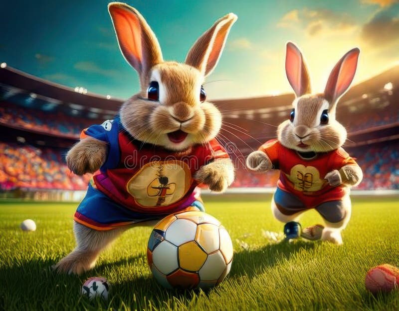 Cartoon of Easter Bunnies Playing Football Stock Illustration ...