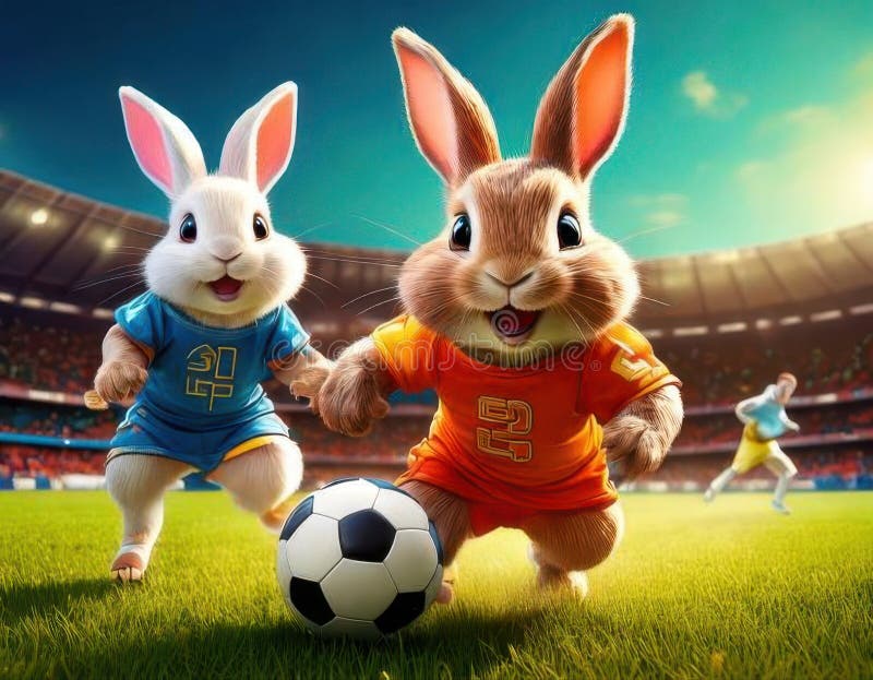 Cartoon of Easter Bunnies Playing Football Stock Illustration ...