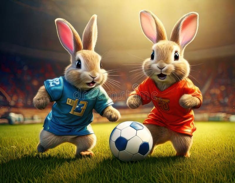 Cartoon of Easter Bunnies Playing Football Stock Illustration ...