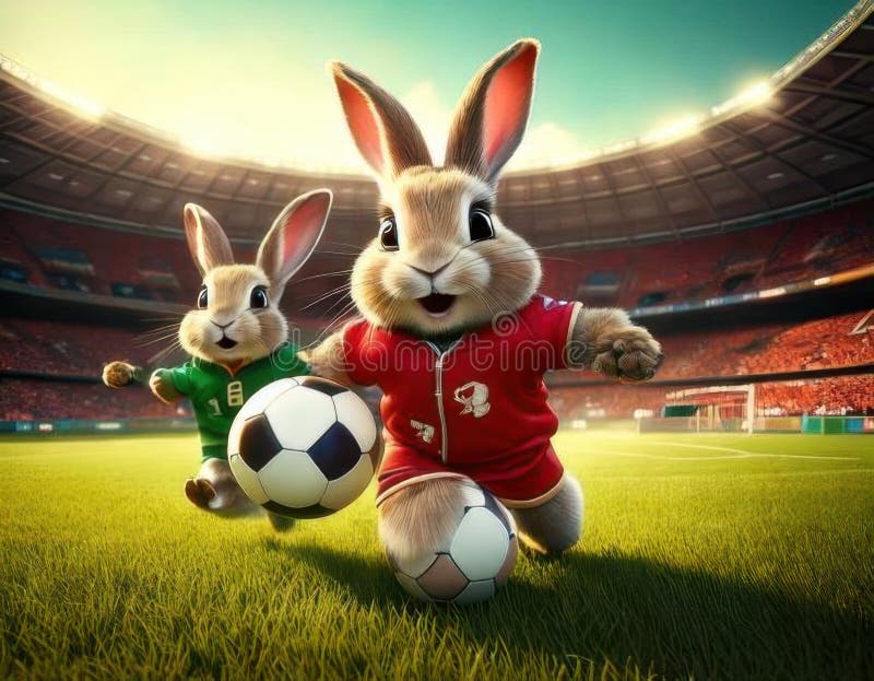 Cartoon of Easter Bunnies Playing Football Stock Illustration ...