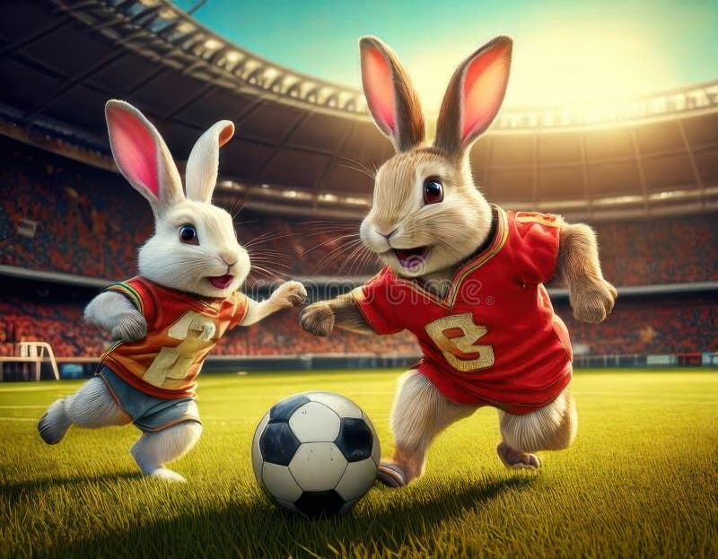 Cartoon of Easter Bunnies Playing Football Stock Illustration ...