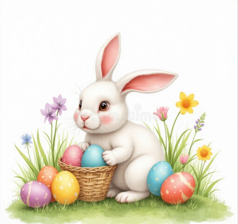 Cartoon of a Easter Bunny with Basket Stock Illustration - Illustration ...