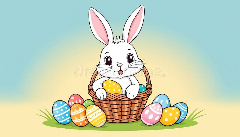 Cartoon Easter Bunny in Basket with Colorful Eggs on Grass Stock Image ...