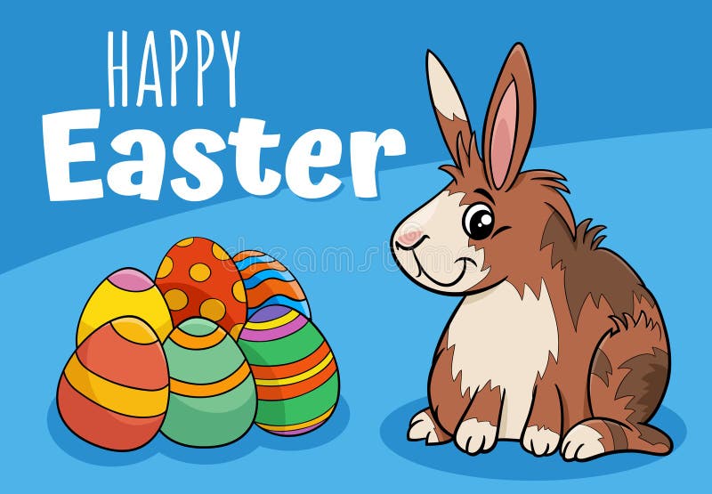 Cartoon Easter Bunny with Colored Eggs Greeting Card Stock Illustration ...