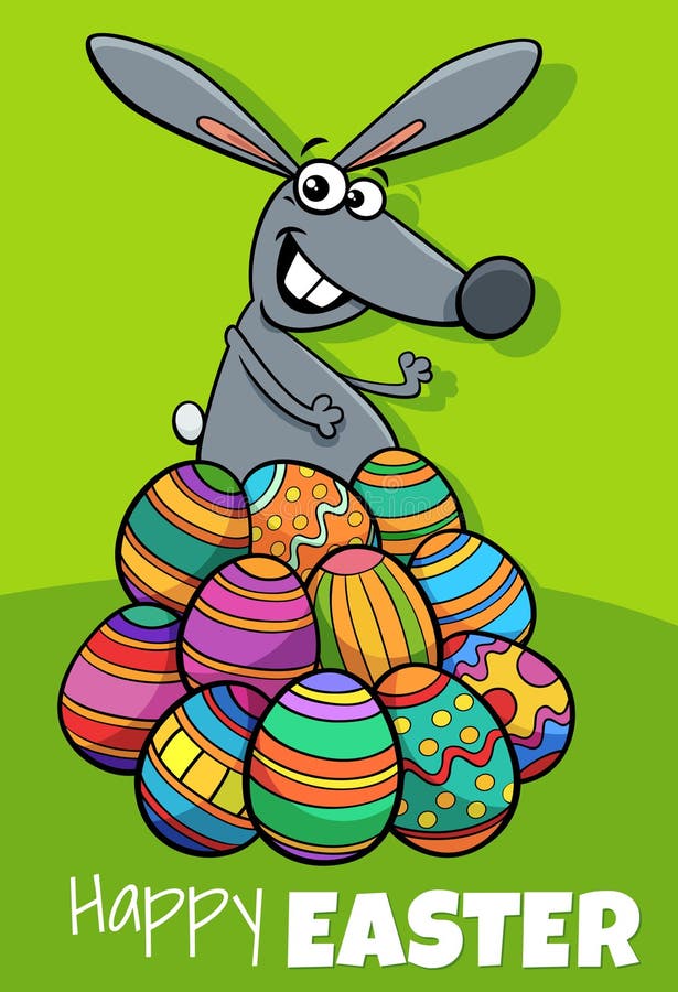 Cartoon Easter Bunny with Colored Eggs Greeting Card Stock Vector ...