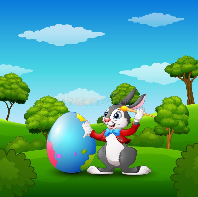 Cartoon Easter Bunny Painting Easter Eggs in the Park Stock Vector ...