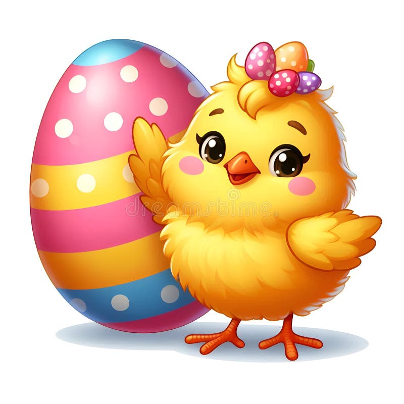 Cartoon Easter Fluffy Chick with Colorful Egg Stock Illustration ...