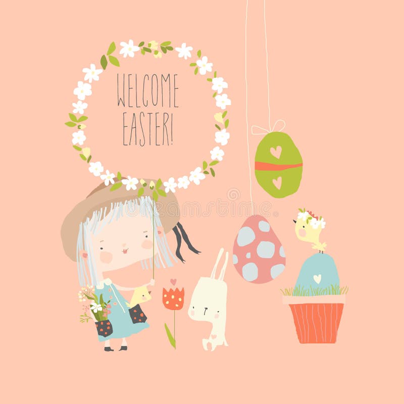 Cartoon Easter Illustration with Girl, Rabbit and Easter Eggs Stock ...
