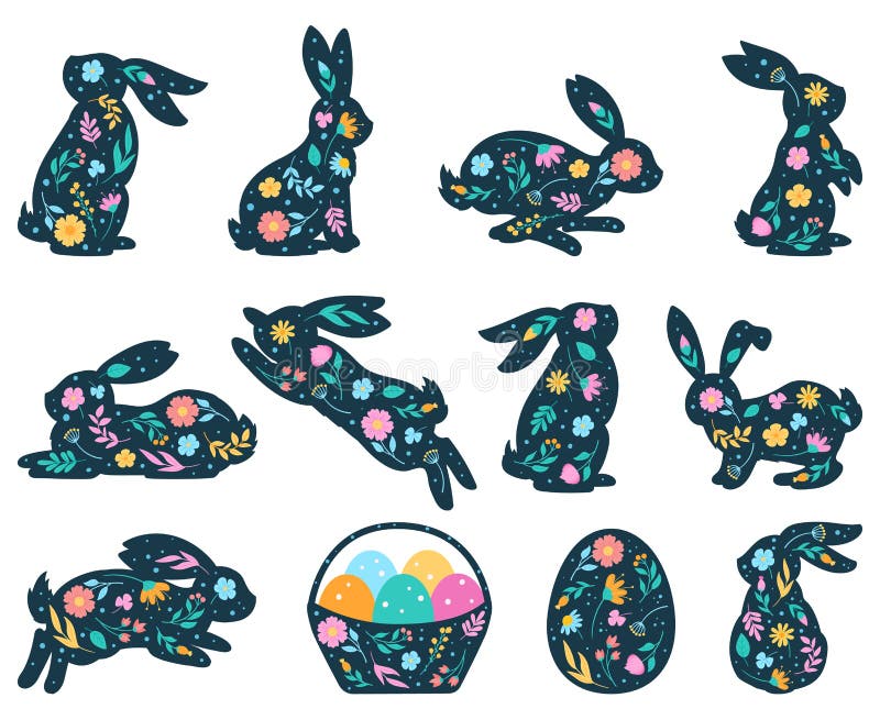 Cartoon Easter Rabbit Silhouette, Cute Spring Bunny and Eggs Elements ...