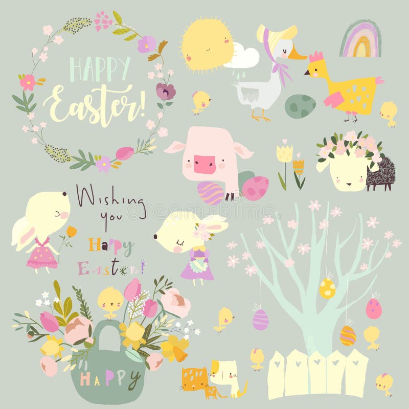 Cartoon Easter Set with Rabbits, Farm Animals and Flowers Stock Vector ...
