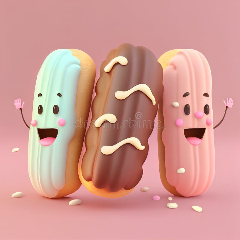 Cartoon Eclairs with Funny Faces. 3d Illustration Stock Photo - Image ...
