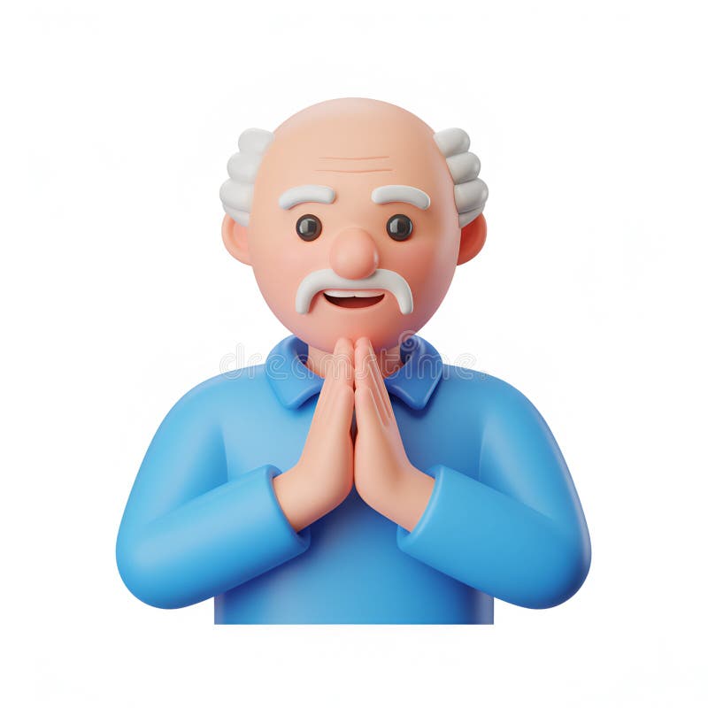 Cartoon Elder with Hands Clasped in Prayer, Wearing a Blue Shirt, on ...