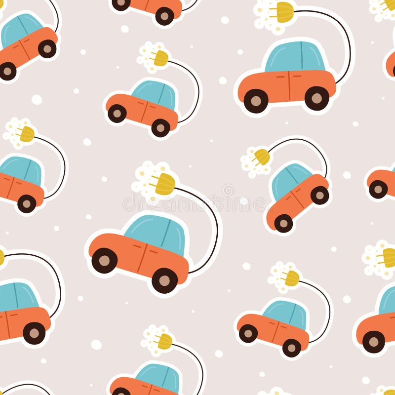 Cartoon Electric Car with Wire and Charging Plug, Vector Seamless ...