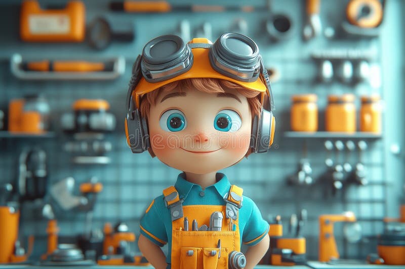 Cartoon Electrician Worker in a Workshop Surrounded by Tools Ready for ...