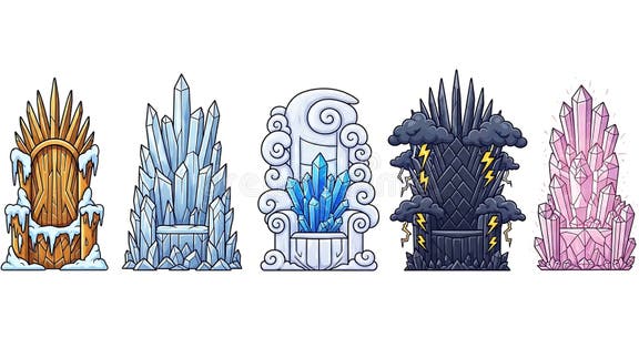 Cartoon Elemental Thrones, Fantasy Design: Ice, Fire, Storm, Crystal ...