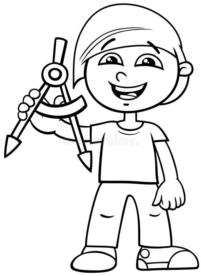 Cartoon Elementary Age Boy with School Compass Coloring Page Stock ...
