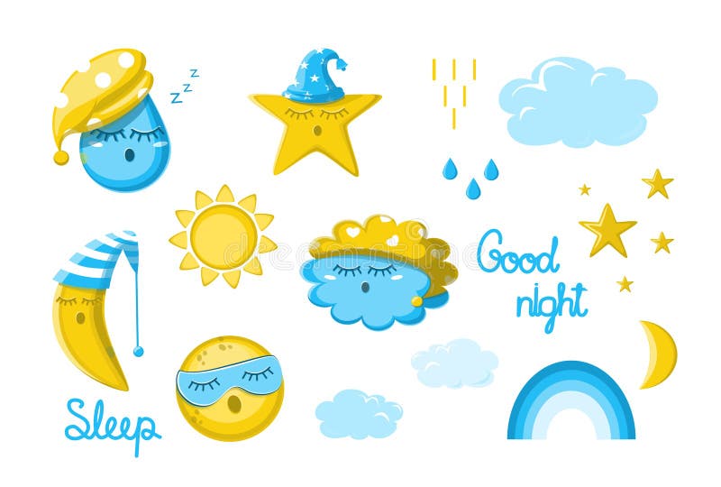 Cartoon Elements of the Weather. Sleeping Drop, Moon and Stars, Rainbow ...