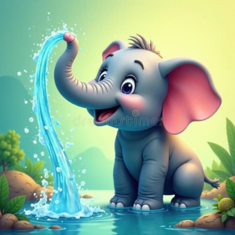 Cartoon Elephant Playfully Sprays Water from Trunk , Happy, Water Stock ...
